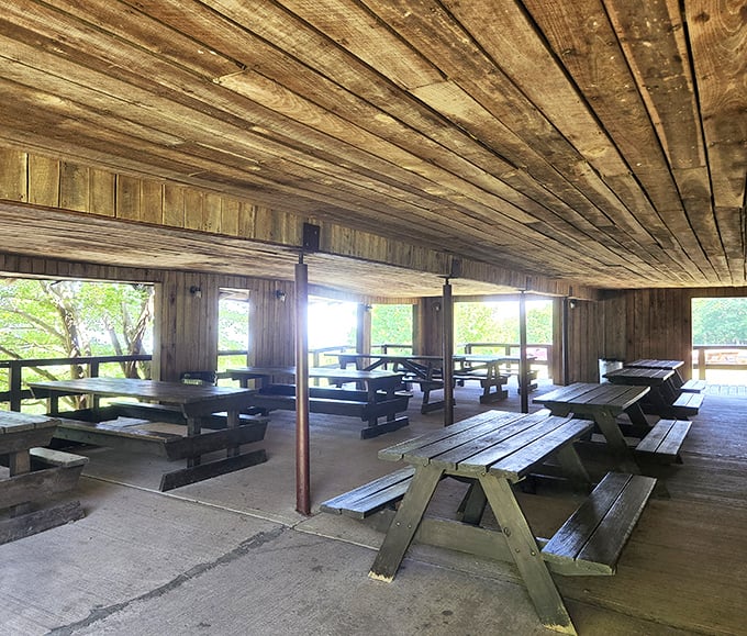 After exploring underground, this rustic picnic pavilion offers a perfect spot to refuel while comparing cave exploration stories with fellow adventurers.