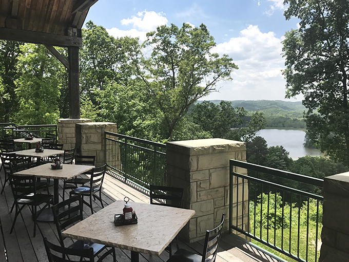 Nature provides the entertainment through floor-to-ceiling windows, with Lake Hope sparkling like diamonds in the distance.