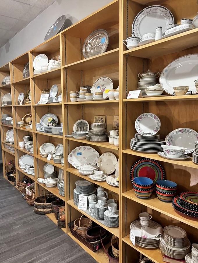China patterns your grandmother would recognize line these shelves. Wedding gifts from decades past await their second chance at dinner party stardom.