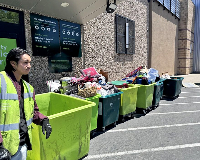 Donation day in action! These vibrant green bins represent the first step in the circle of thrift&mdash;where yesterday's impulse buys become tomorrow's discoveries.