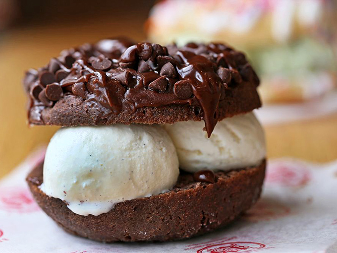 Not your average ice cream sandwich. This chocolate donut embraces vanilla ice cream like long-lost lovers reuniting after a painful separation.