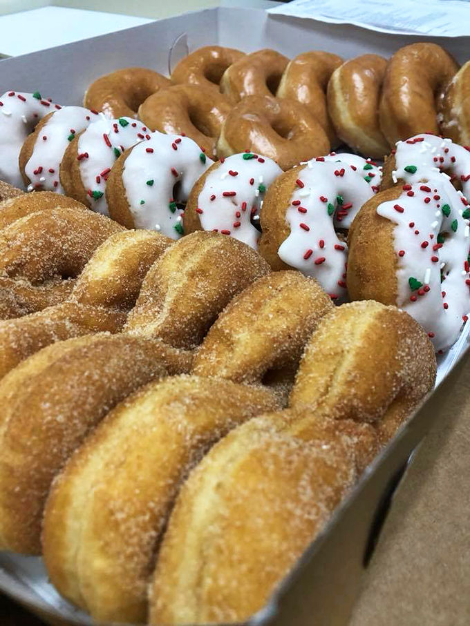 Holiday cheer in donut form! Cinnamon-sugar, glazed, and festive sprinkled varieties lined up like delicious soldiers ready for duty in your breakfast arsenal.