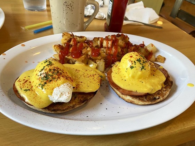 Eggs Benedict done right is breakfast architecture&mdash;perfectly poached eggs balancing on their English muffin pedestals, draped in hollandaise gold.