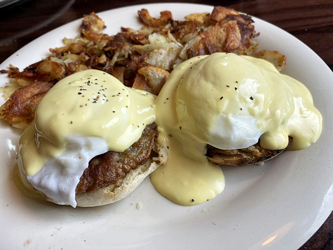 Behold the eggs Benedict that's causing traffic jams on quiet Breinigsville mornings – pure poached perfection meets hollandaise heaven.