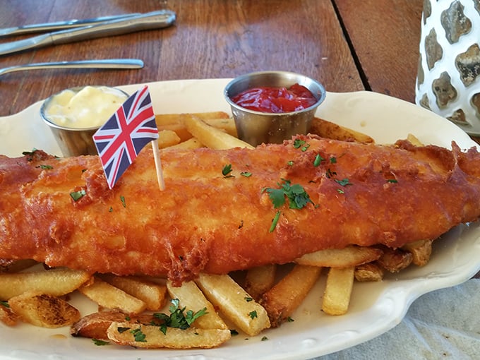 The star of the show arrives with its own tiny Union Jack &ndash; golden, crispy fish atop hand-cut chips that would make London proud.