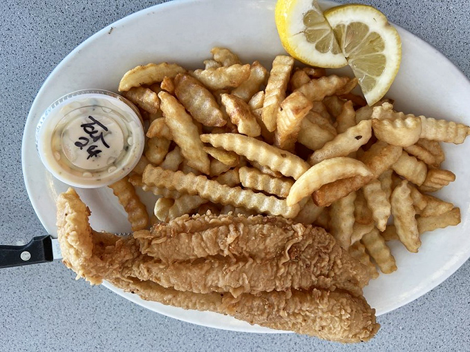 Golden, crispy fish and chips that would make the British weep with jealousy, served with a wedge of lemon that's practically begging to be squeezed.