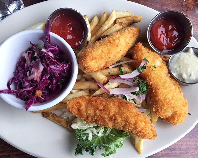 Golden-battered fish that shatters with each bite, served with crispy fries and purple slaw&mdash;this isn't just fish and chips, it's coastal California on a plate.