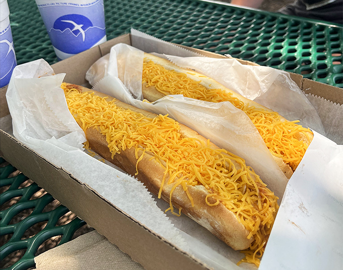 Behold the cheese-blanketed foot-long hot dogs in all their glory. These aren't just coneys; they're edible monuments to American ingenuity.