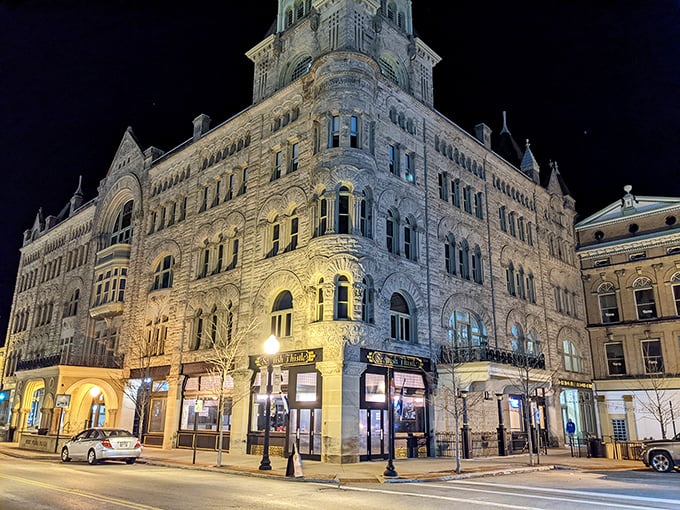 Fort Piqua Plaza at night transforms into something magical, like Hogwarts for history buffs. Those golden lights practically whisper "come explore me."
