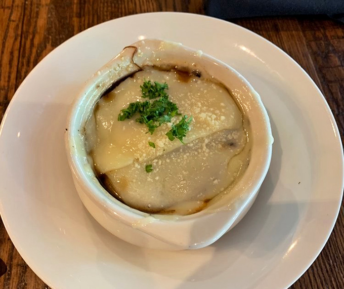 The legendary French onion soup in all its glory &ndash; that cheese cap is the edible equivalent of a warm hug on a cold Pennsylvania day. 