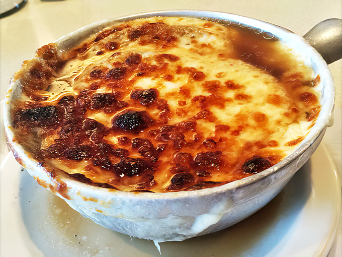 Behold the French onion soup in all its glory&mdash;that cheese cap browned to bubbling perfection is like a savory cr&egrave;me br&ucirc;l&eacute;e for grown-ups.