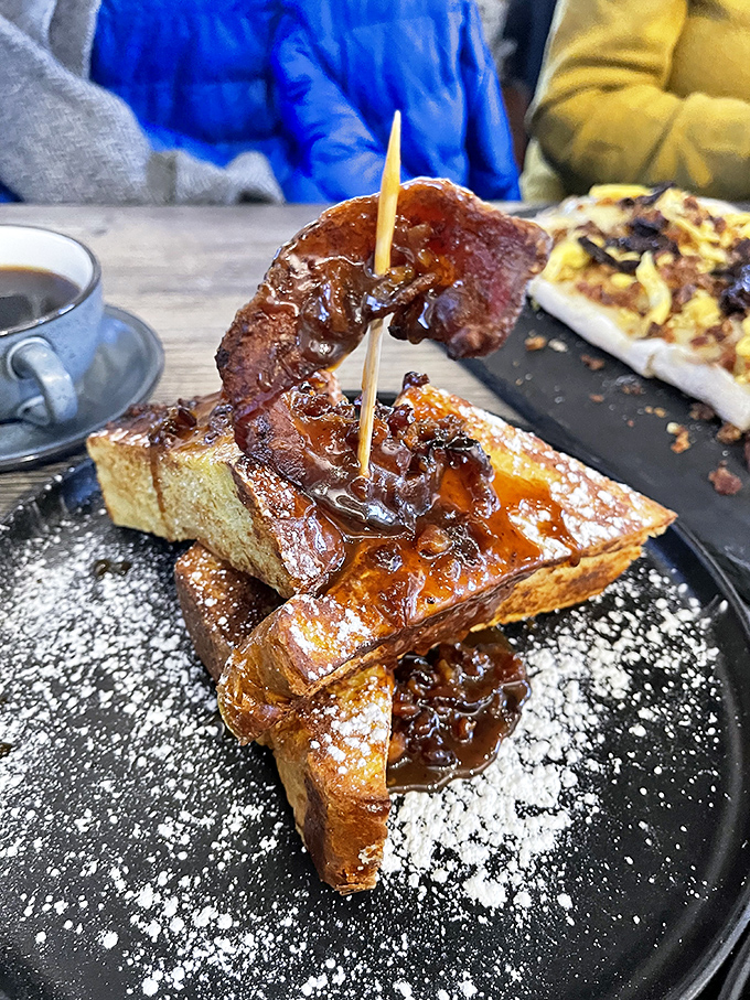 French toast that's dressed for success with bacon on top. Breakfast or dessert? The beauty is you don't have to choose.