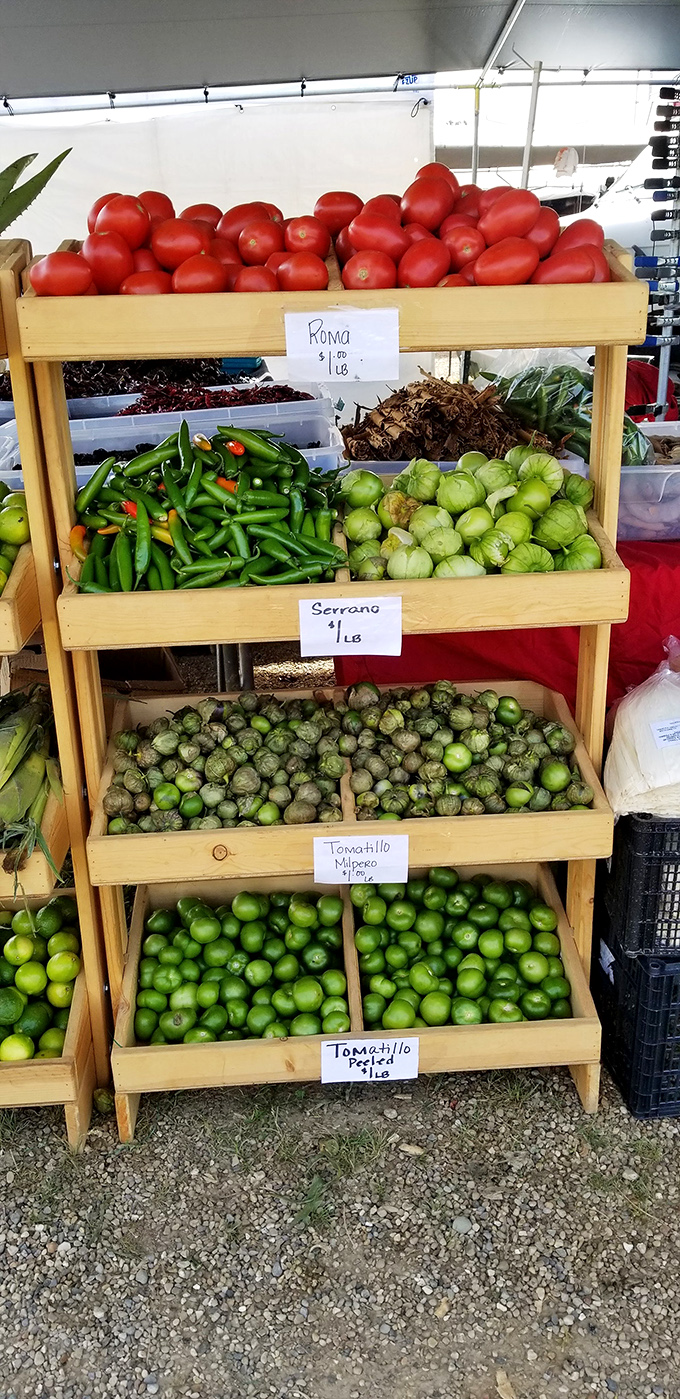 Nature's color palette on display. These Roma tomatoes and tomatillos didn't travel across continents to meet you&mdash;they're Michigan's homegrown celebrities.