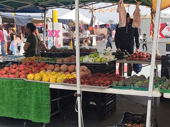 Nature's candy counter! These vibrant fruits and vegetables put supermarket produce to shame, arranged in a rainbow of freshness under the California sun.