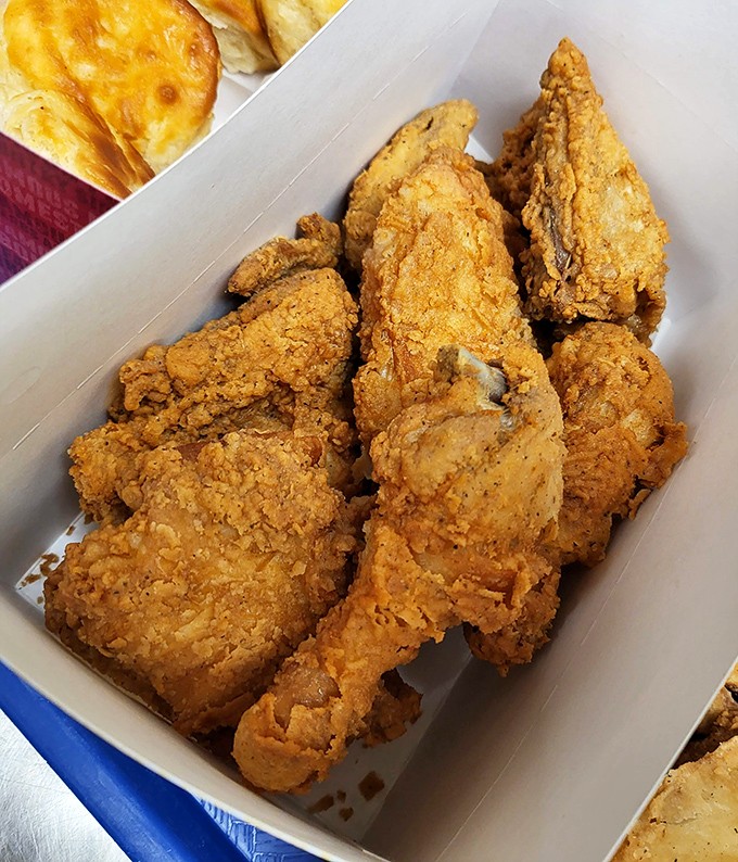 Golden-brown perfection that makes you understand why some people have religious experiences involving fried chicken. The crunch is practically audible.