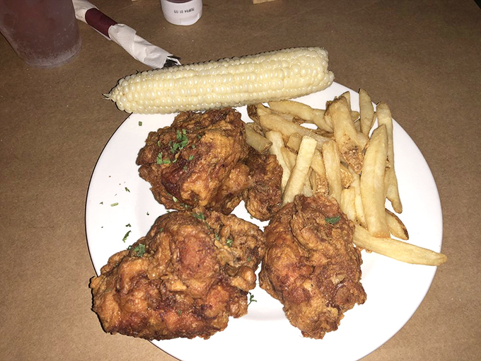 Golden-brown perfection that makes Colonel Sanders weep with envy&mdash;this fried chicken isn't just a meal, it's a religious experience.