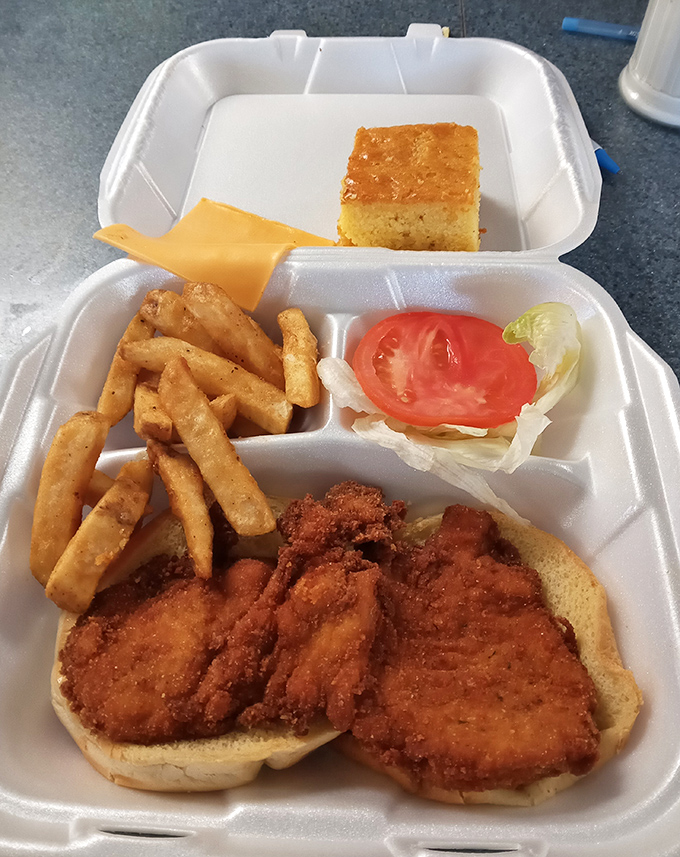 This isn't just a fried chicken sandwich—it's a masterclass in crunch. Golden-brown perfection nestled in a soft bun with crispy fries standing guard.