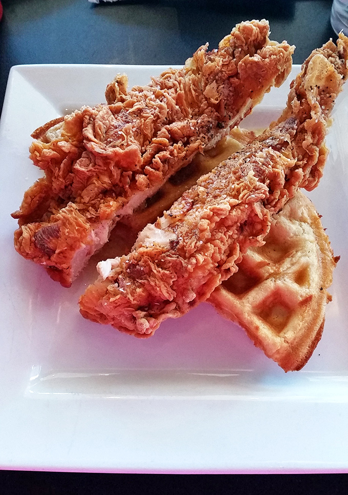 The holy trinity of Southern indulgence: golden-fried chicken, perfectly crisp waffle, and the promise of a nap afterward. Worth every calorie.