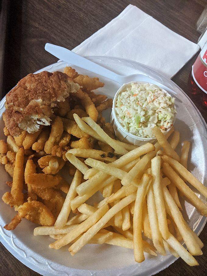 Golden-fried clams and crispy fries&mdash;the holy trinity of seafood shack perfection when paired with that creamy coleslaw. Worth every mile of the drive.