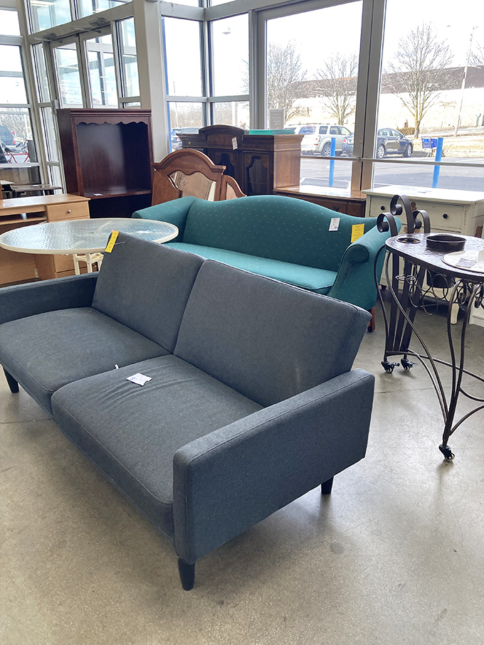 Mid-century modern meets contemporary chic in the furniture section. That teal sofa has stories to tell, and it's waiting to hear yours.