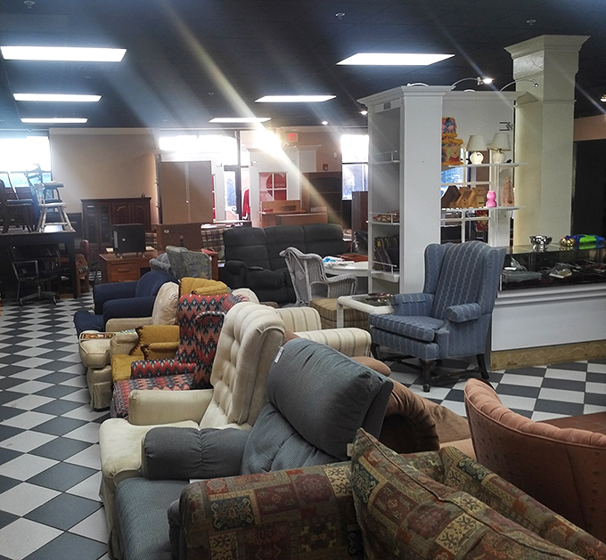 The furniture section resembles a living room museum spanning decades. That blue wingback chair? It's practically begging to become your new reading nook.