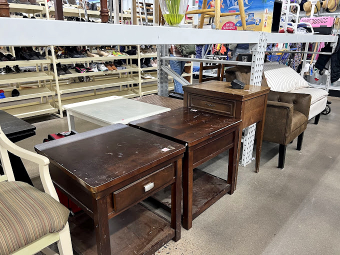 These wooden end tables aren't just furniture&mdash;they're time travelers from different decades, waiting for their next chapter in someone's home.