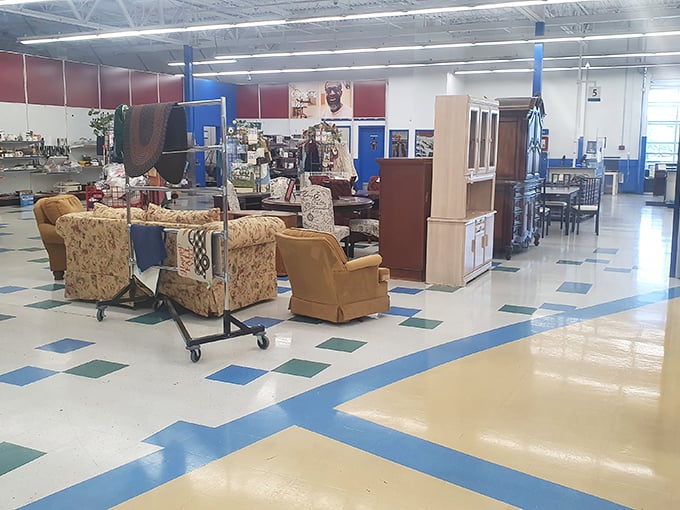 Furniture displays transform this warehouse into someone's eclectic living room dreams come true.