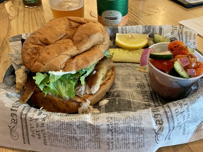 This isn't just a sandwich; it's Florida on a bun. Golden grouper, crisp lettuce, and a side of fresh veggies&mdash;simplicity that speaks volumes.