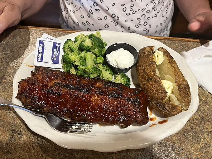 These fall-off-the-bone ribs don't need a mining permit to strike gold&mdash;served with a loaded baked potato and broccoli, it's comfort food that hits the motherlode.