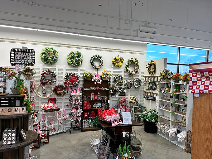 Wreaths for all seasons line the walls like botanical trophies, proving that grandma's door decor never truly goes out of style.