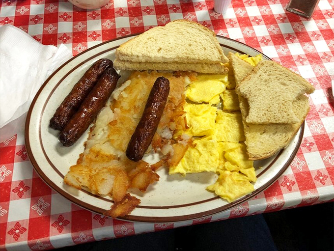 Breakfast perfection doesn't need filters—scrambled eggs that actually taste like eggs, hash browns with the ideal crisp-to-tender ratio, and sausage links that snap just right.