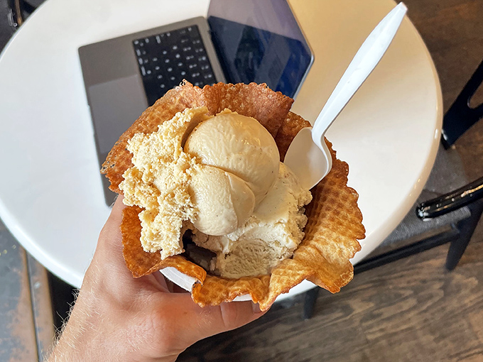 This isn't just ice cream in a waffle bowl&mdash;it's edible architecture supporting scoops of pure, creamy bliss.