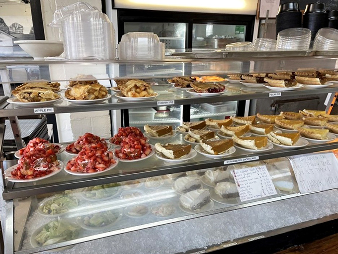 Dessert heaven awaits! The pie case at Matthews doesn't just tempt&mdash;it practically issues a moral challenge to save room.