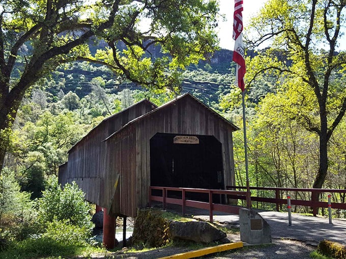 This historic covered bridge offers a charming portal to simpler times, standing as a wooden time machine amid California's natural beauty.