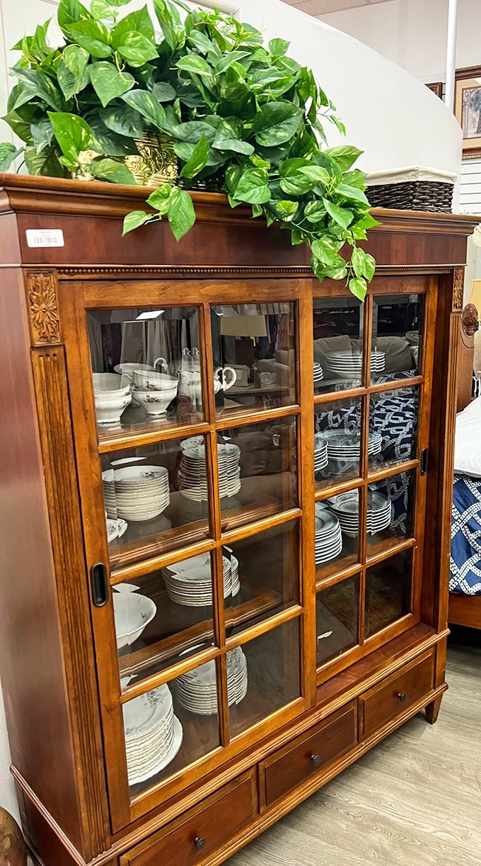Fine china behind glass doors&mdash;because someone's grandmother's loss is your dining room's gain in this thrifter's paradise.