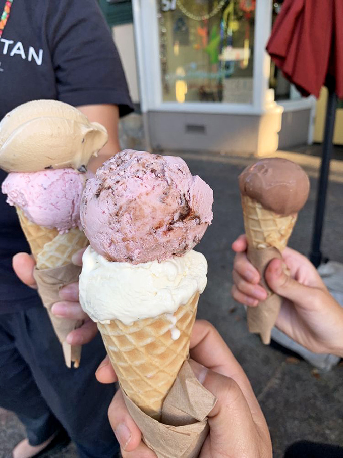 Ice cream architecture at its finest&mdash;towers of pink, white, and chocolate perfection balanced on handmade waffle cones.