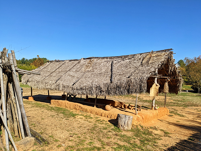 Shelter from another continent. This thatched-roof structure from the West African exhibit demonstrates ingenious building techniques using locally available materials.