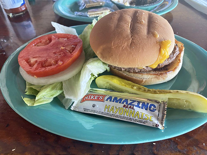 The jumbo cheeseburger comes with all the fixings and that packet of mayo that says, "We're not fancy, but we're fantastic."