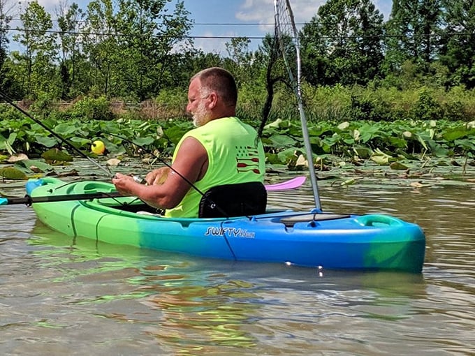 Paddling through lily pads &ndash; this kayaker has found the sweet spot between adventure and serenity in Rocky Fork's aquatic wilderness.