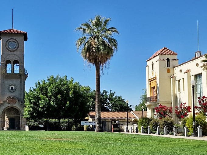 Spanish-inspired architecture and swaying palm trees create an oasis of culture at the Kern County Museum, where California's past breathes under brilliant blue skies.