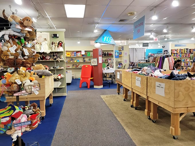 The kids' corner could outfit a small army of toddlers, with enough stuffed animals to recreate a cuddly version of Noah's Ark.