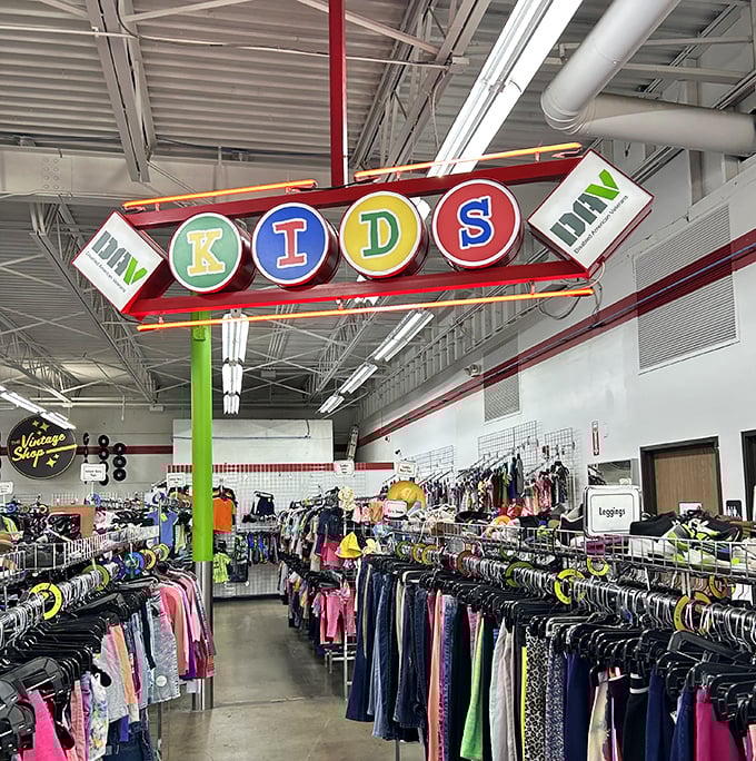 The kids' section overflows with toys that once sparked joy in other little hands.