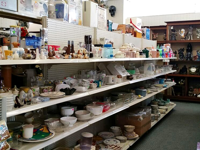 Shelves of dishware tell silent stories of family dinners past. That Pyrex bowl definitely served potato salad at countless picnics.