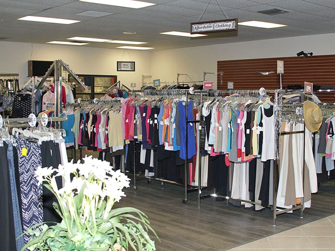 The "Affordable Clothing" sign might be the understatement of the year &ndash; these racks hold everything from casual tees to gala-worthy evening wear. P