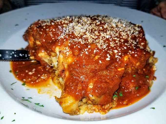 Behold the lasagna masterpiece that converts skeptics into believers with every magnificent, cheesy layer.