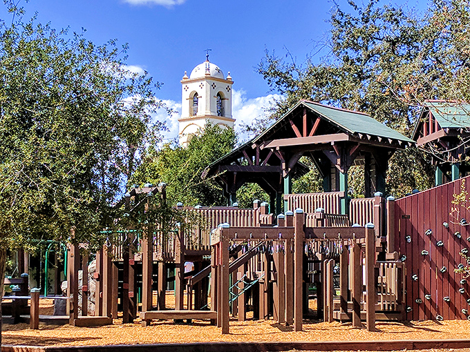 Libbey Park's playground offers pint-sized adventure with the town's signature bell tower keeping watch&mdash;childhood memories made under California blue skies.