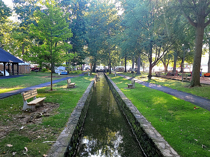The spring-fed waterway flows through town like nature's own peaceful meditation, complete with benches for contemplation and people-watching.