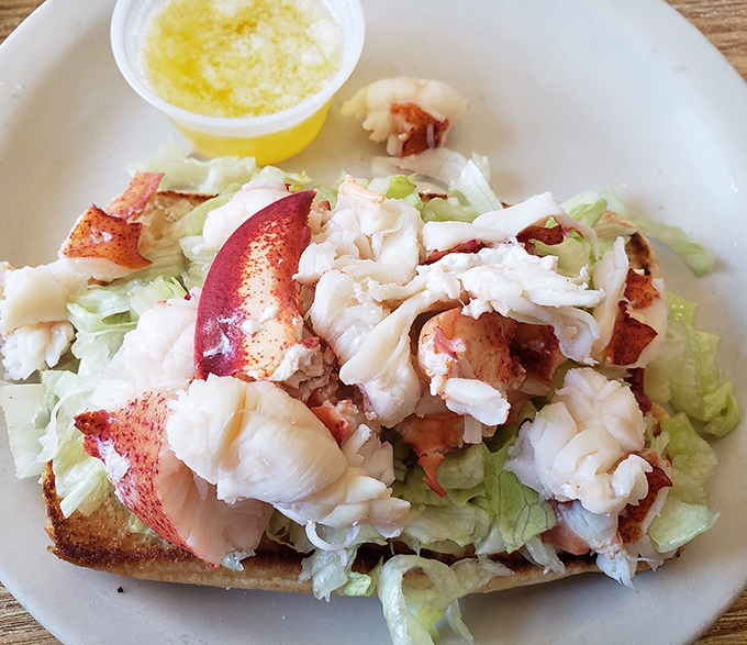 Lobster roll perfection: chunky meat, light dressing, crisp lettuce, and that buttery roll. This isn't just lunch &ndash; it's a New England vacation on a plate.