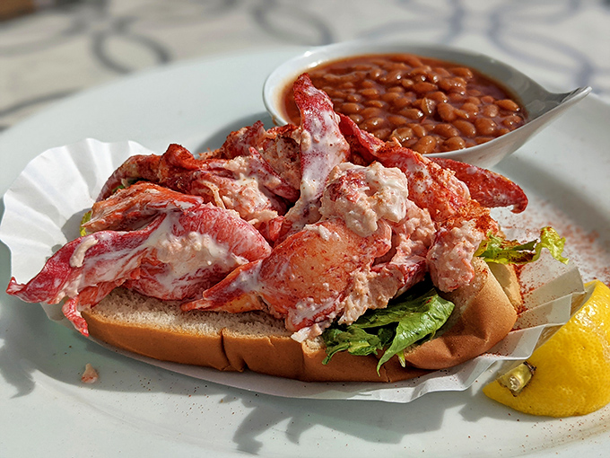 The star of the show: chunks of sweet Maine lobster barely contained by a toasted roll, with baked beans standing by for supporting-actor duties.