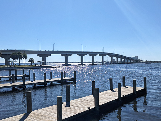 The Max Brewer Bridge stretches across the Indian River like a runway to paradise, connecting mainland Titusville to the natural wonders beyond.